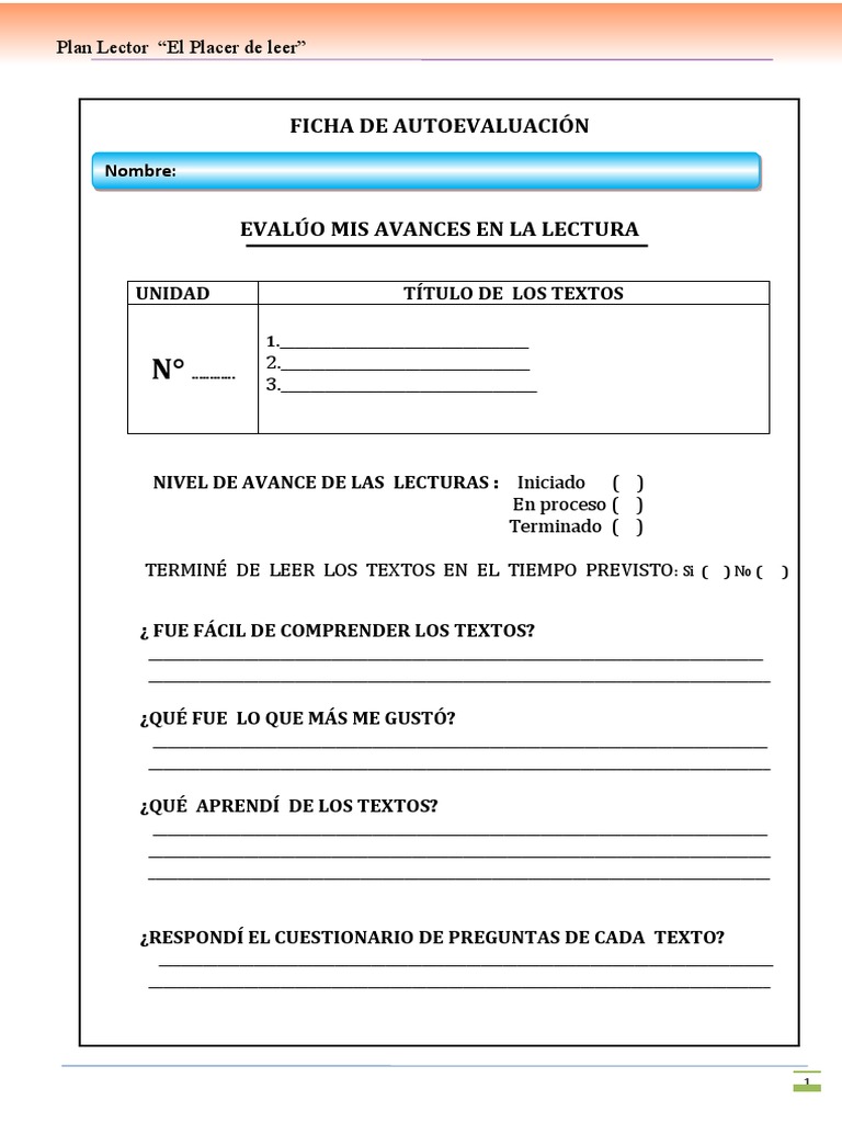 Ficha de Autoevaluación de Lectura | PDF