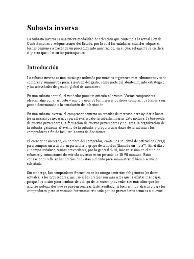 Subasta Inversa | PDF | Negocios | Finanzas y dinero
