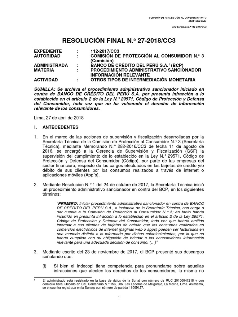 RESOLUCIÓN FINAL N.º 27-2018/CC3: Comisión de Protección Al Consumidor ...