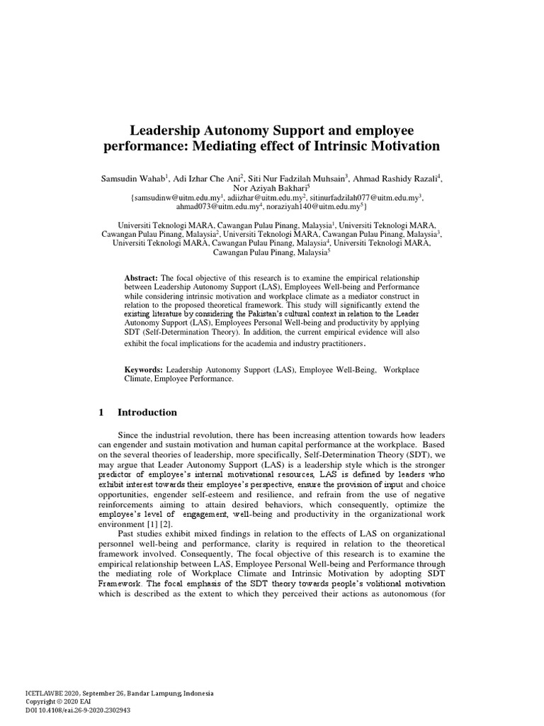 Leadership Autonomy Support and Employee | PDF