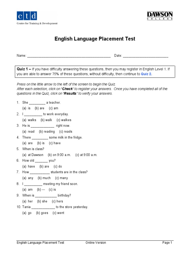 English Language Placement Test | PDF | Quiz
