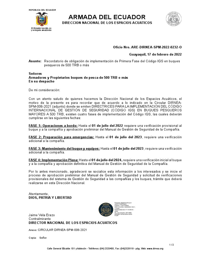Implementación Código Igs en Pesqueros Of-Are-Dirnea-Spm-2022-0232-O | PDF | Ecuador