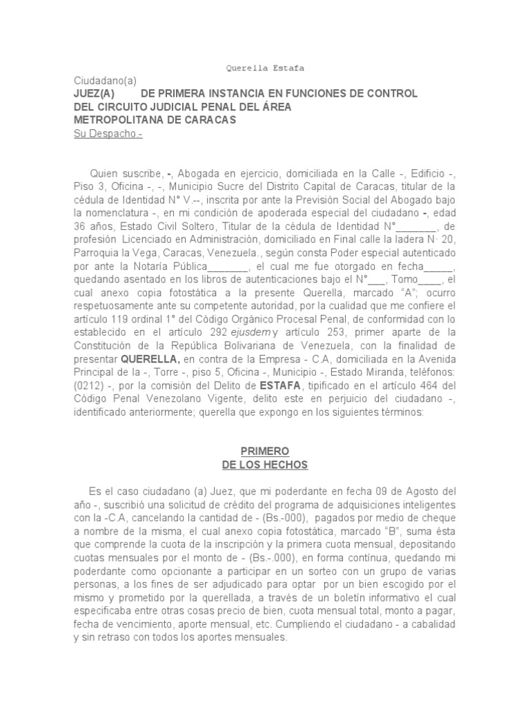 Modelo de Querella Por Estafa | PDF Modelo de Querella Por Estafa | PDF