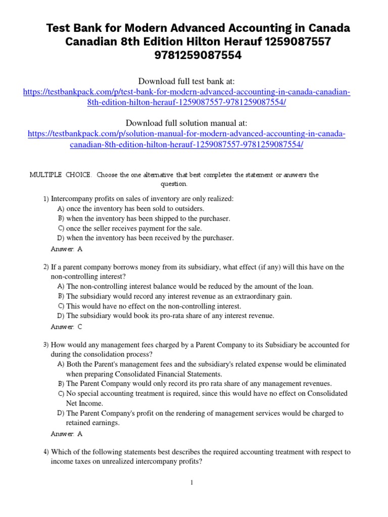 Modern Advanced Accounting In Canada Canadian 8th Edition Hilton Test