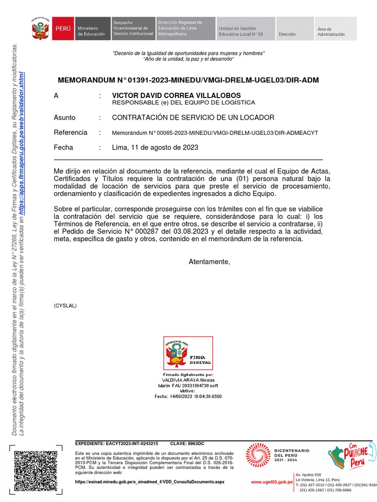 Memorandum 01391 2023 Minedu Vmgi Drelm Ugel03 Dir Adm | PDF