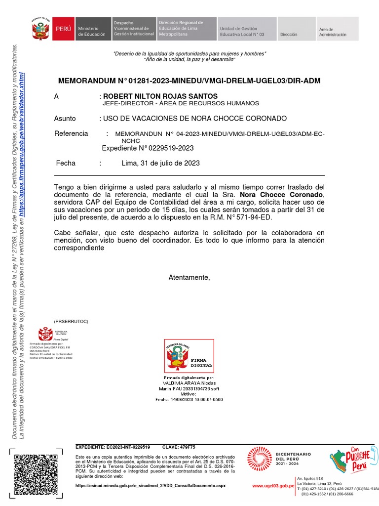 Memorandum 01281 2023 Minedu Vmgi Drelm Ugel03 Dir Adm | PDF