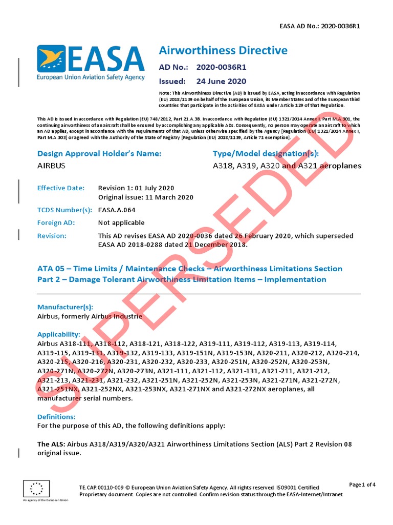 Easa Ad 2020-0036R1 1 | PDF | Aviation | Airbus