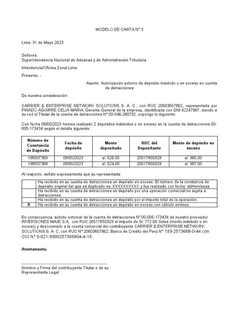 Modelo de Carta N° 3 SUNAT | PDF | Finanzas y dinero