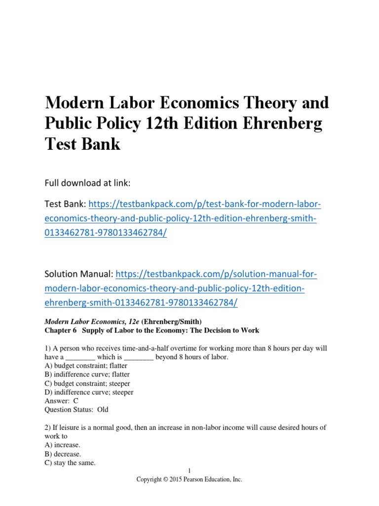 Modern Labor Economics Theory and Public Policy 12th Edition Ehrenberg ...