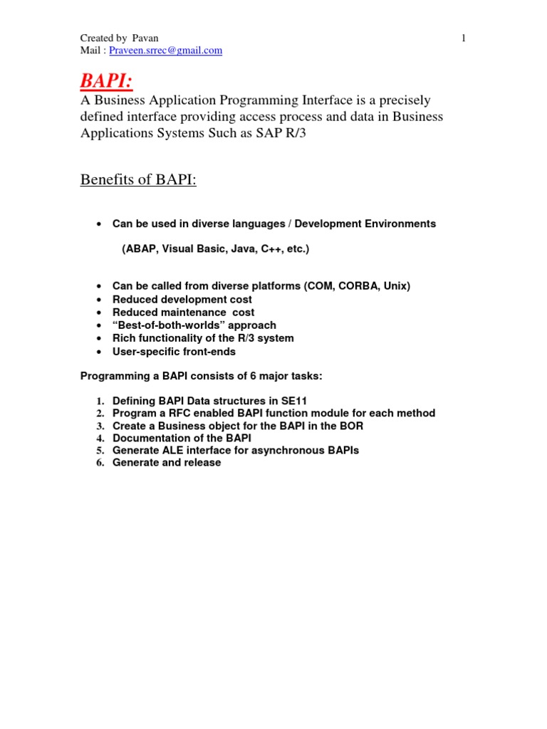 Sap Bapi Training Document | PDF | Application Programming Interface | Method (Computer Programming)