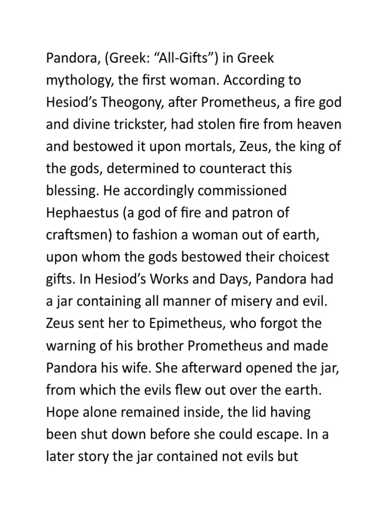 Pandora Greek Mythology | PDF