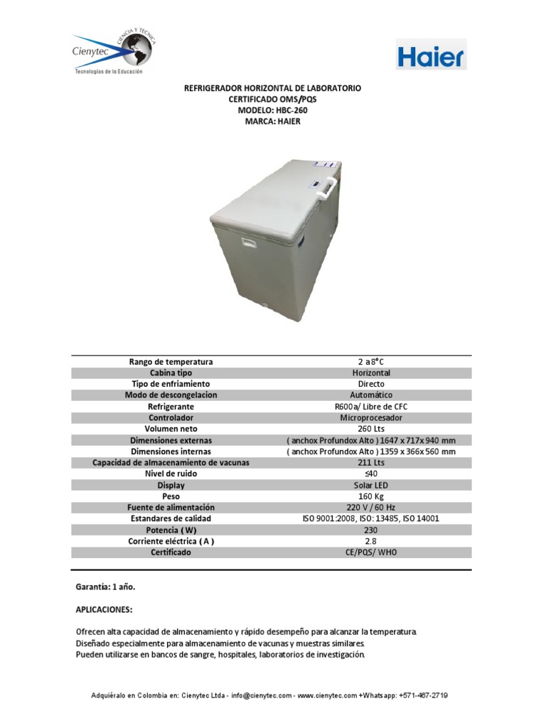 Haier Refrigerador Horizontal Vacunas Laboratorio Farmacia HBC 260 Cat | PDF
