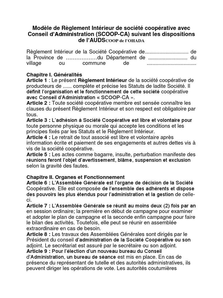 Règlement Intérieur SCOOP-CA OHADA | PDF | Droit