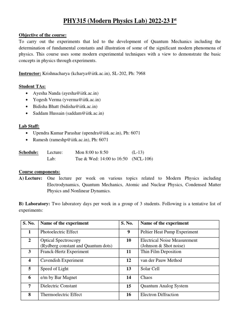 First Course Handout - PHY315A - 2022-23 | Download Free PDF | Physics | Experiment