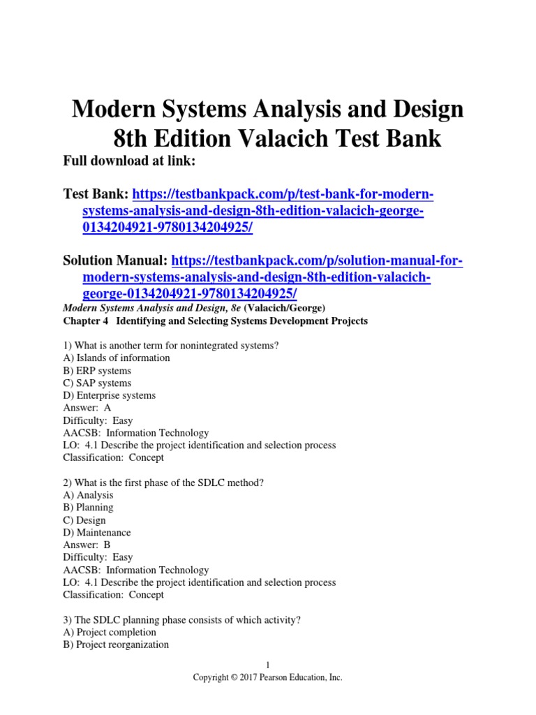 Modern Systems Analysis And Design 8th Edition Valacich Test Bank Download Pdf 