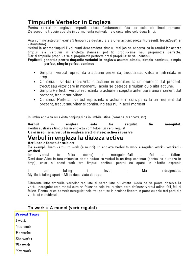 Timpurile Verbelor in Engleza
