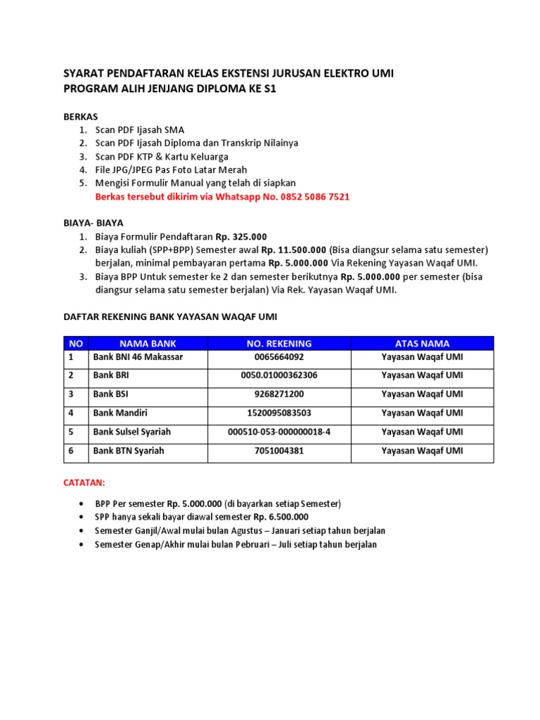 Syarat Pendaftaran Kelas Ekstensi Jurusan Elektro Umi 2023 | PDF