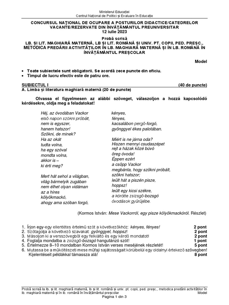 Tit 102 Limba Maghiara Materna E 2023 Var Model | PDF