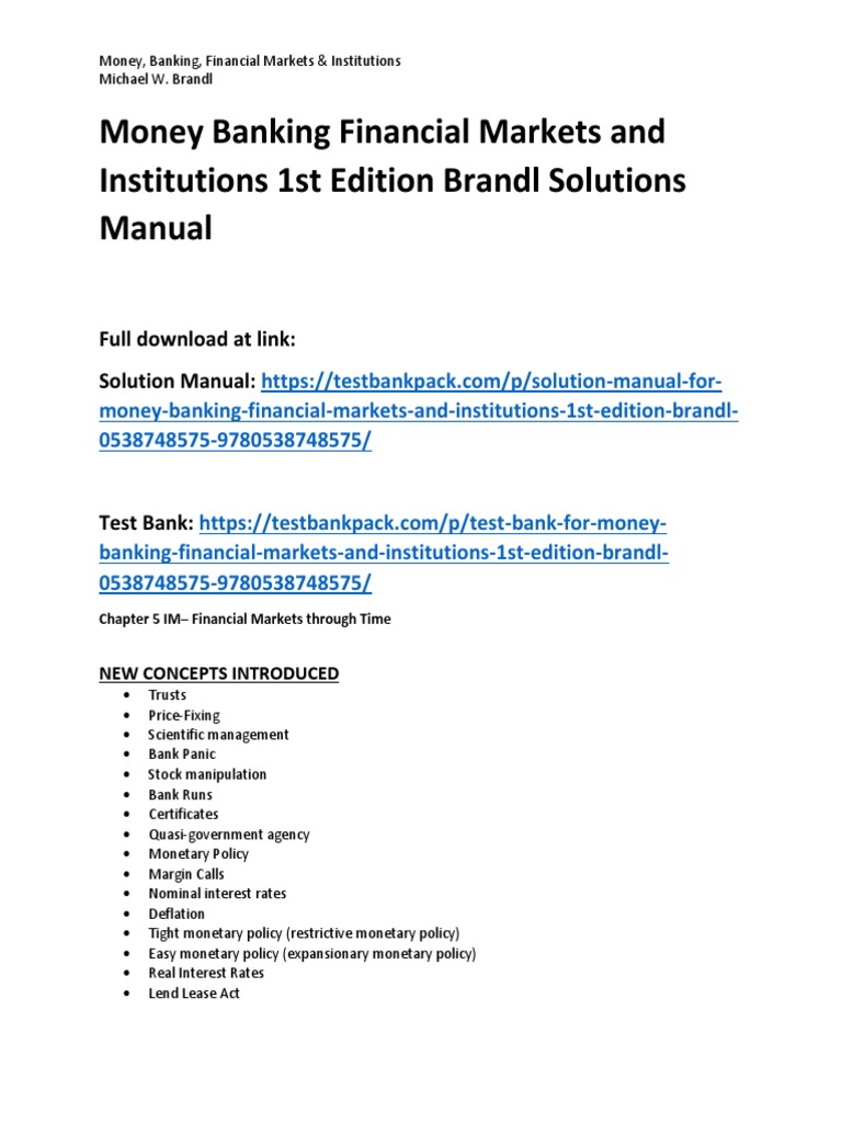 Money Banking Financial Markets and Institutions 1st Edition Brandl ...