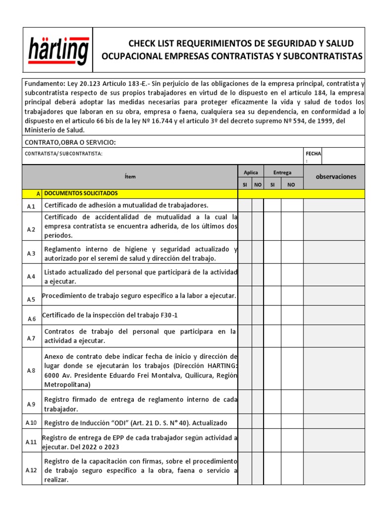Check_List_Requisitos_Ingreso_Contratista_y_Subcontratista_2023 | PDF | Licencia de conducir