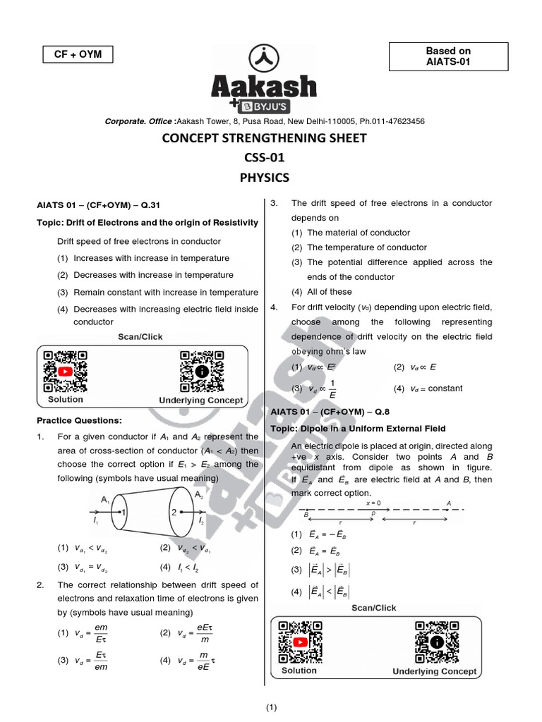 Concept Strengthening Sheet CSS 01 Based On AIATS 01 CF OYM Physics ... Concept Strengthening Sheet CSS 01 Based On AIATS 01 CF OYM Physics ...