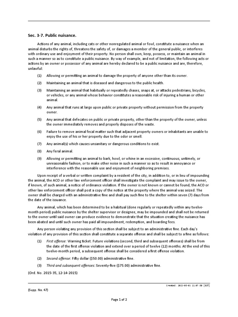 Florence City Council Animal Ordinance - Sec. 3 7. Public Nuisance | PDF