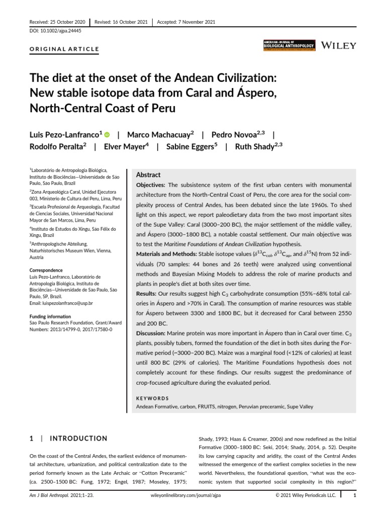 Pezo Et Al 2021 The Diet at The Onset of The Andean Civilization | PDF ...