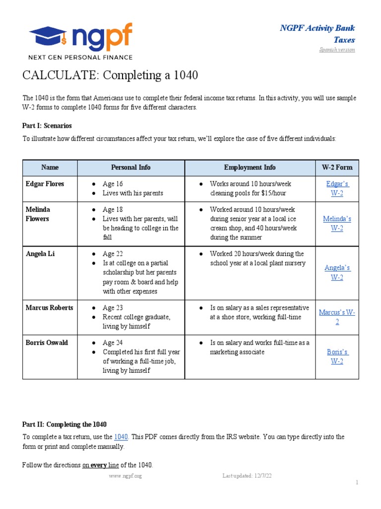 CALCULATE Completing A 1040 2 | PDF
