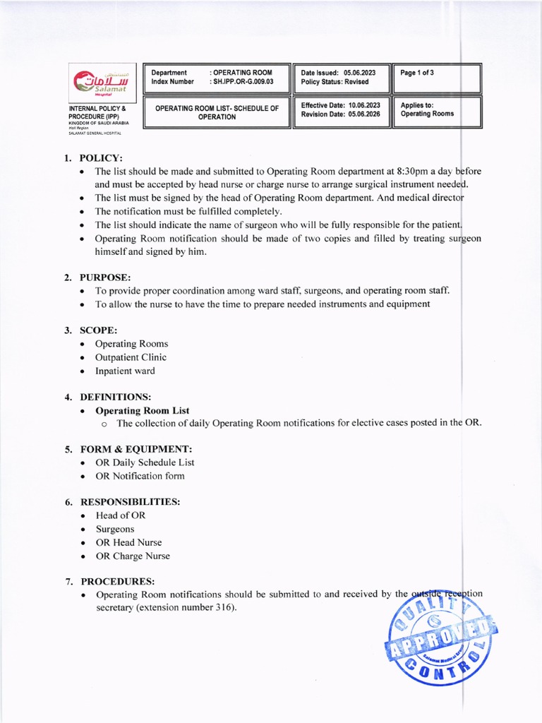 Operating Room Schedule Policy | PDF | Science & Mathematics