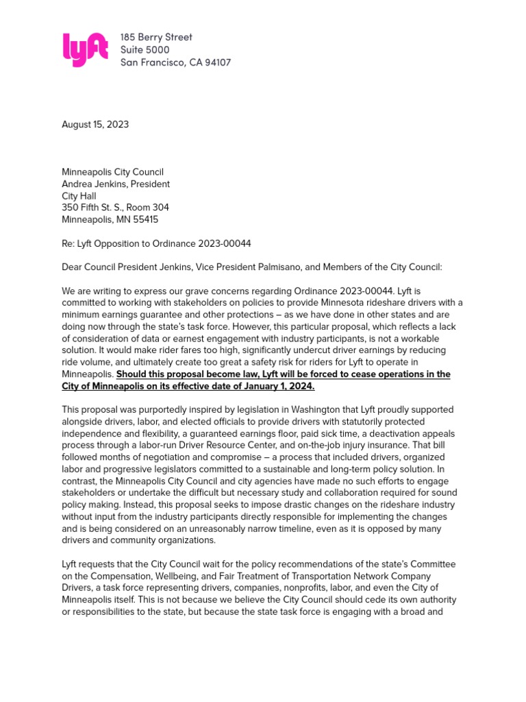 Lyft - Letter To Minneapolis City Council | PDF