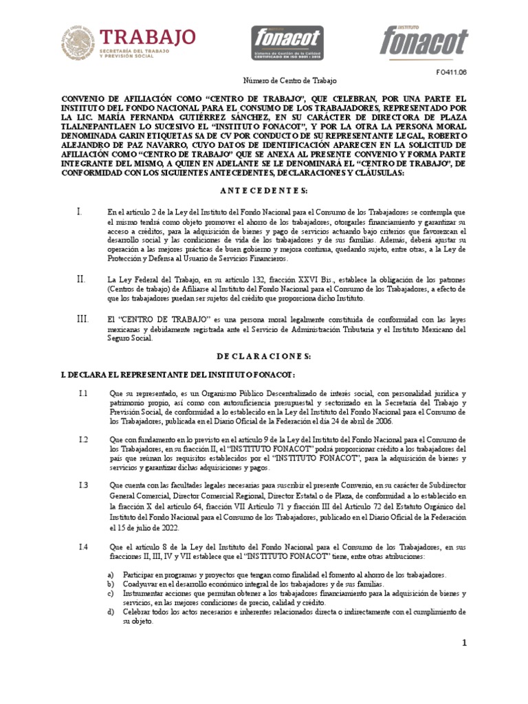 Convenio de Afiliación Centro de Trabajo Apartado A Persona Moral | PDF | México | Justicia