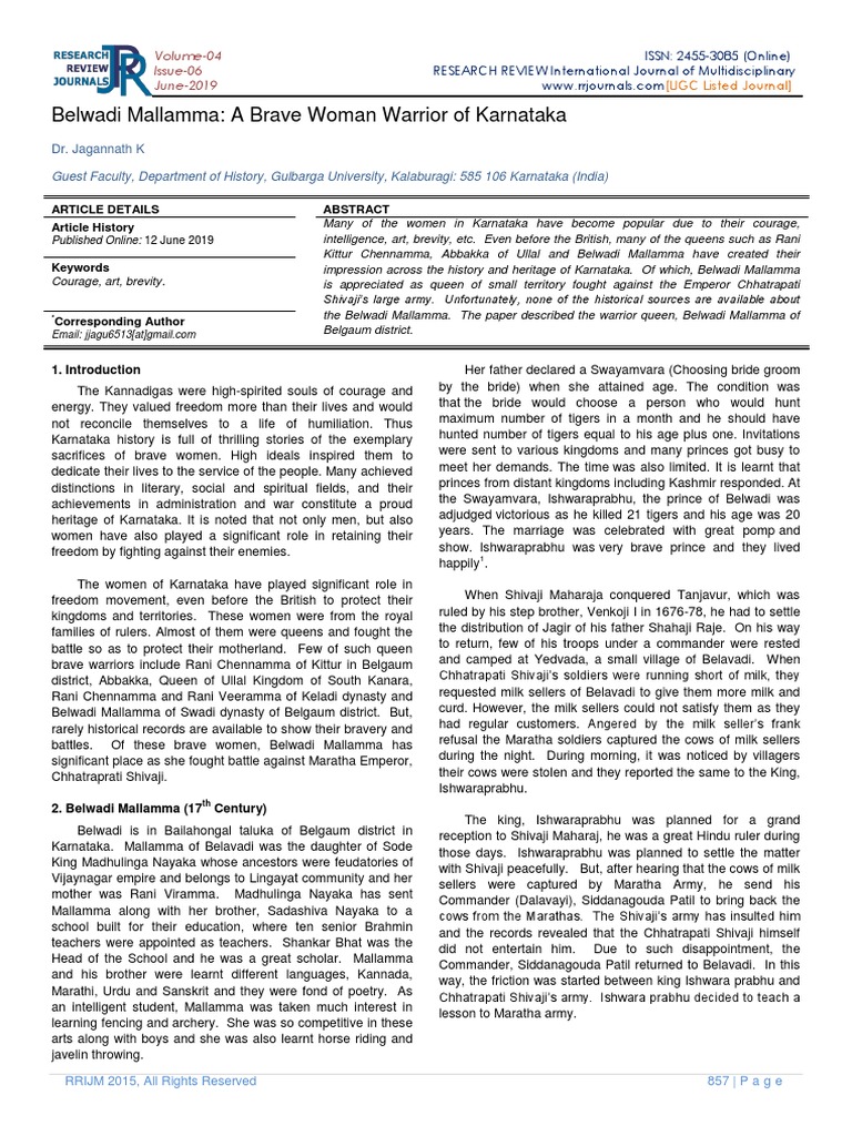 Belwadi Mallamma A Brave Woman Warrior of Karnataka | PDF