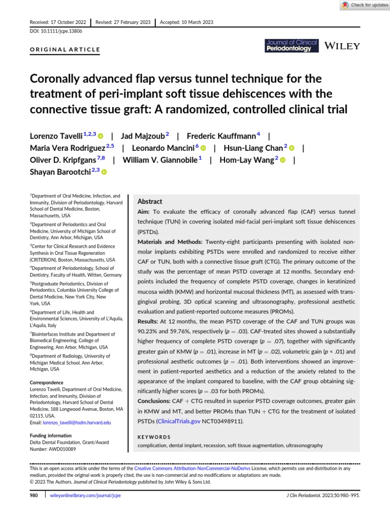 J Clinic Periodontology - 2023 - Tavelli - Coronally Advanced Flap Versus Tunnel Technique For ...