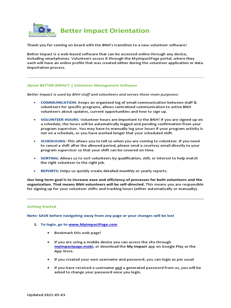 Volunteer Better Impact Guide (Current Volunteers) | PDF | Password ...