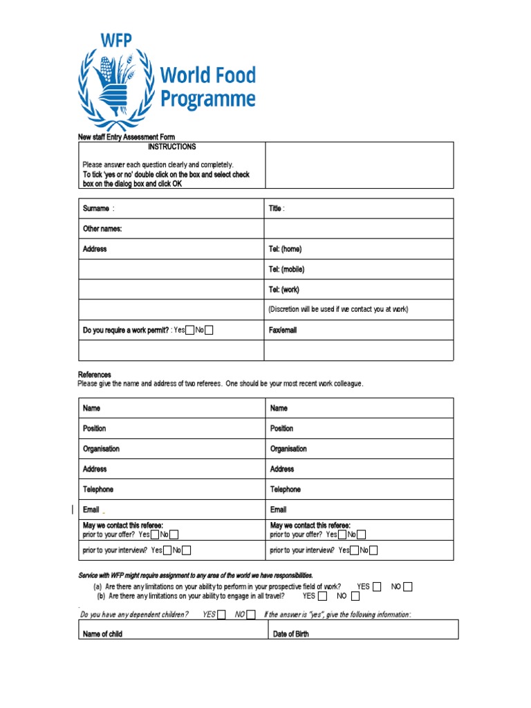 CEN - New Staff Entry Assessment Form - WFP | PDF