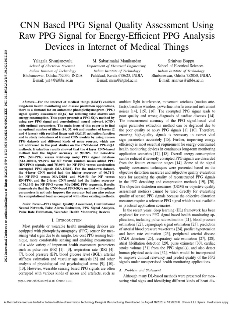 CNN Based PPG Signal Quality Assessment Using Raw PPG Signal For Energy-Efficient PPG Analysis ...