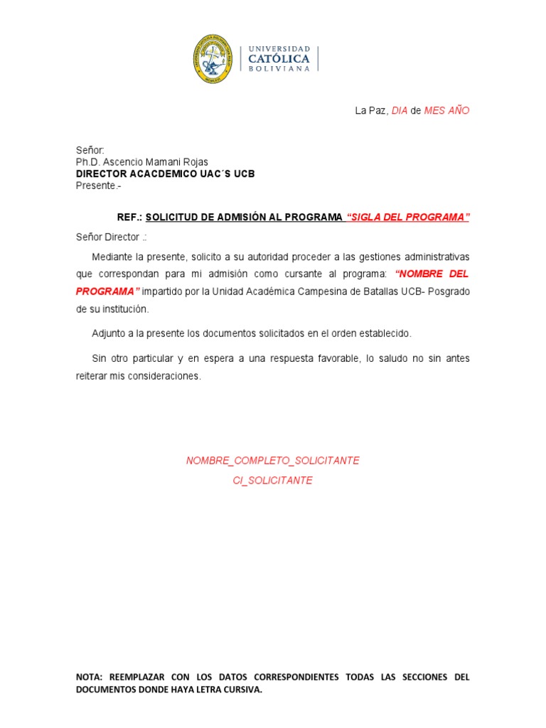 Carta Solicitud Admision | PDF