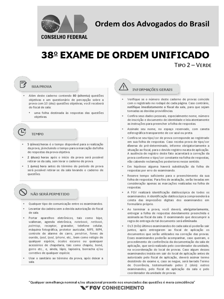 CADERNO DE PROVA OAB 2 | PDF