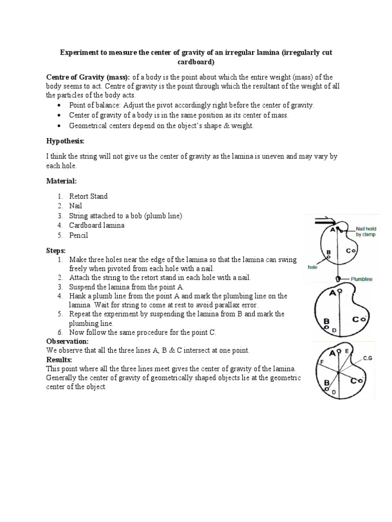 Experiment to Measure the Center of Gravity of an Irregular Lamina (Forces) | PDF
