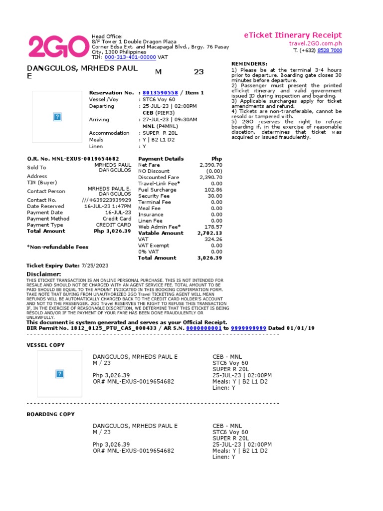 2GO Travel Itinerary Receipt | PDF