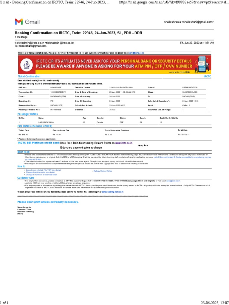 Gmail - Booking Confirmation On IRCTC, Train 22946, 24-Jun-2023, SL, PDH - DDR | PDF | Credit ...