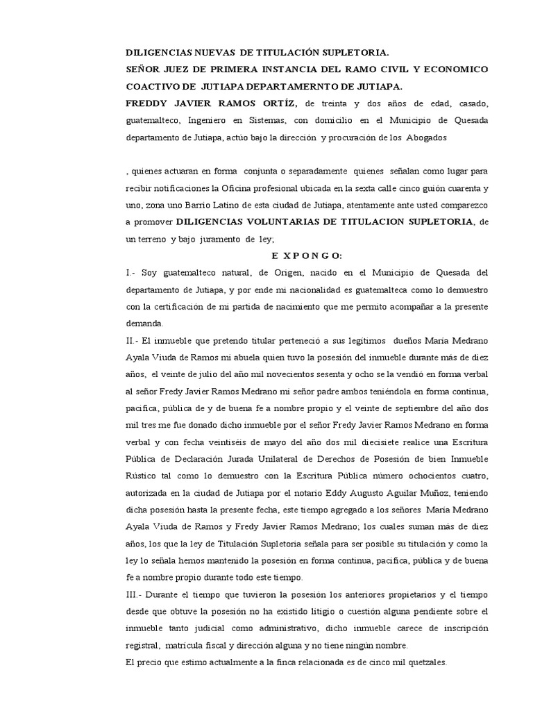 DEMANDA INICIAL TITULACION SUPLETORIA Clinica Civil Sabados | PDF