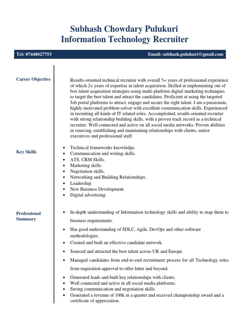 Subhash CV | Download Free PDF | Recruitment | Sales