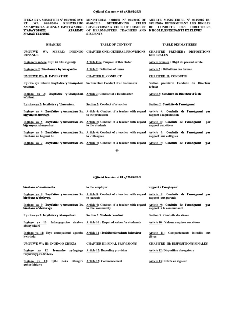 Ministerial Order Determining Rules Governing Code of Conduct of ...