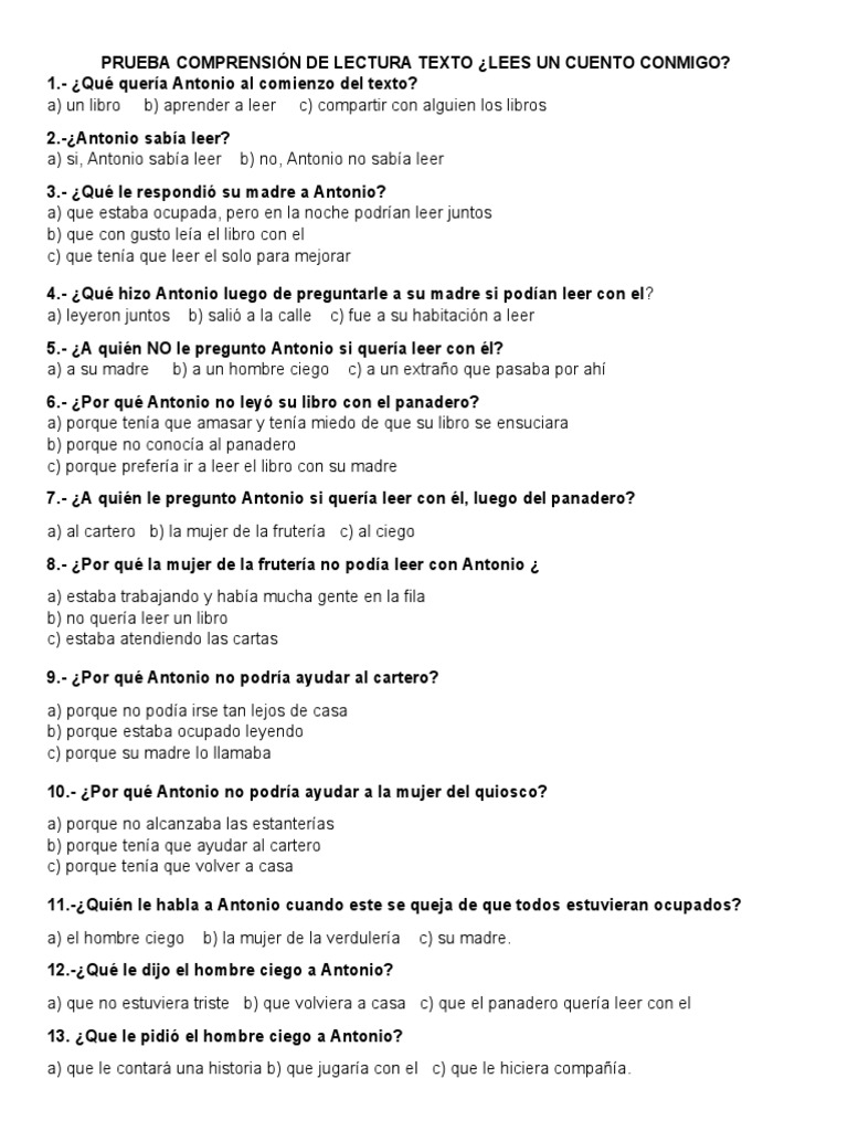 PRUEBA COMPRENSIÓN DE LECTURA Cuento Lees Un Cuento Conmigo | PDF