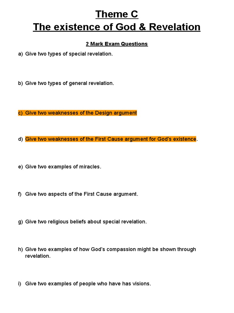Theme C - Existence of God Exam Questions | PDF
