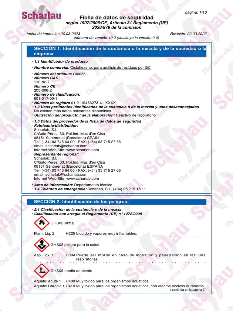 Ficha de Seguridad del Ciclohexano | PDF