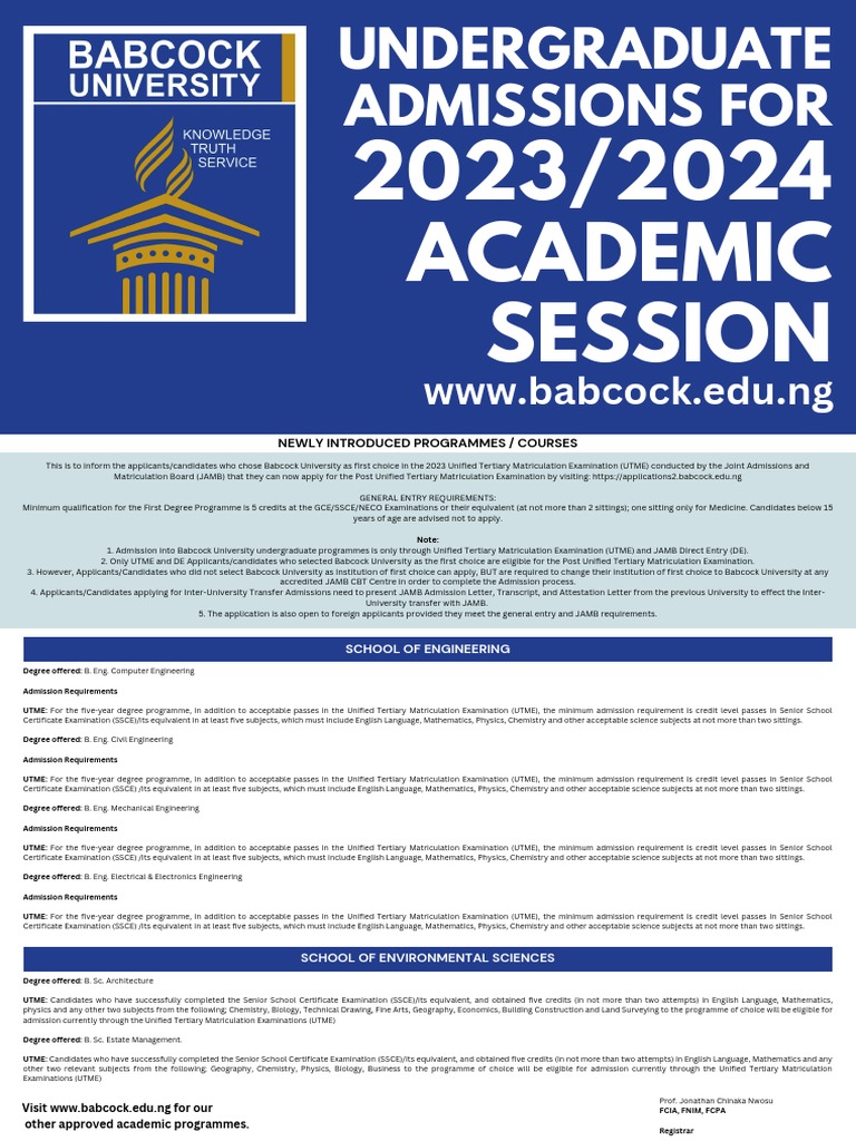 BABCOCK UNIVERSITY - UNDERGRADUATE ADMISSIONS FOR 2023-2024 ACADEMIC ...