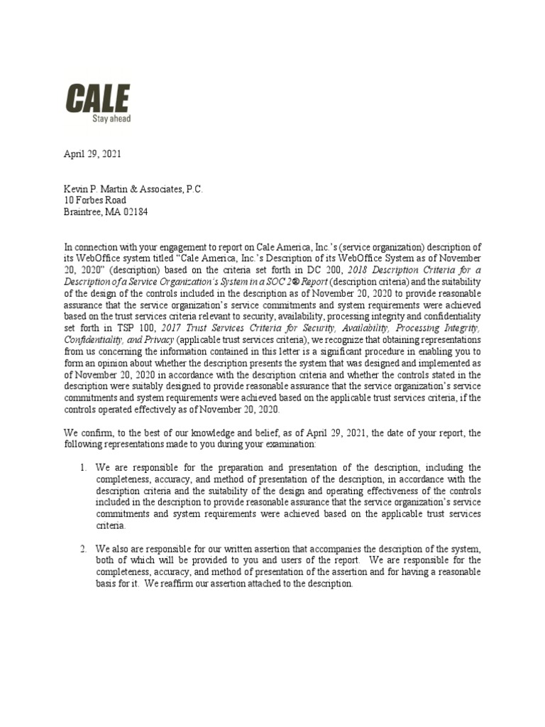 Management Rep Letter - SOC 2 Type 1 | PDF | Business