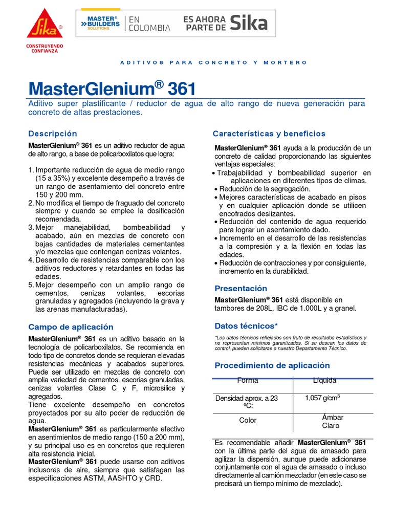 Master Glenium®361 | PDF | Hormigón | Materiales